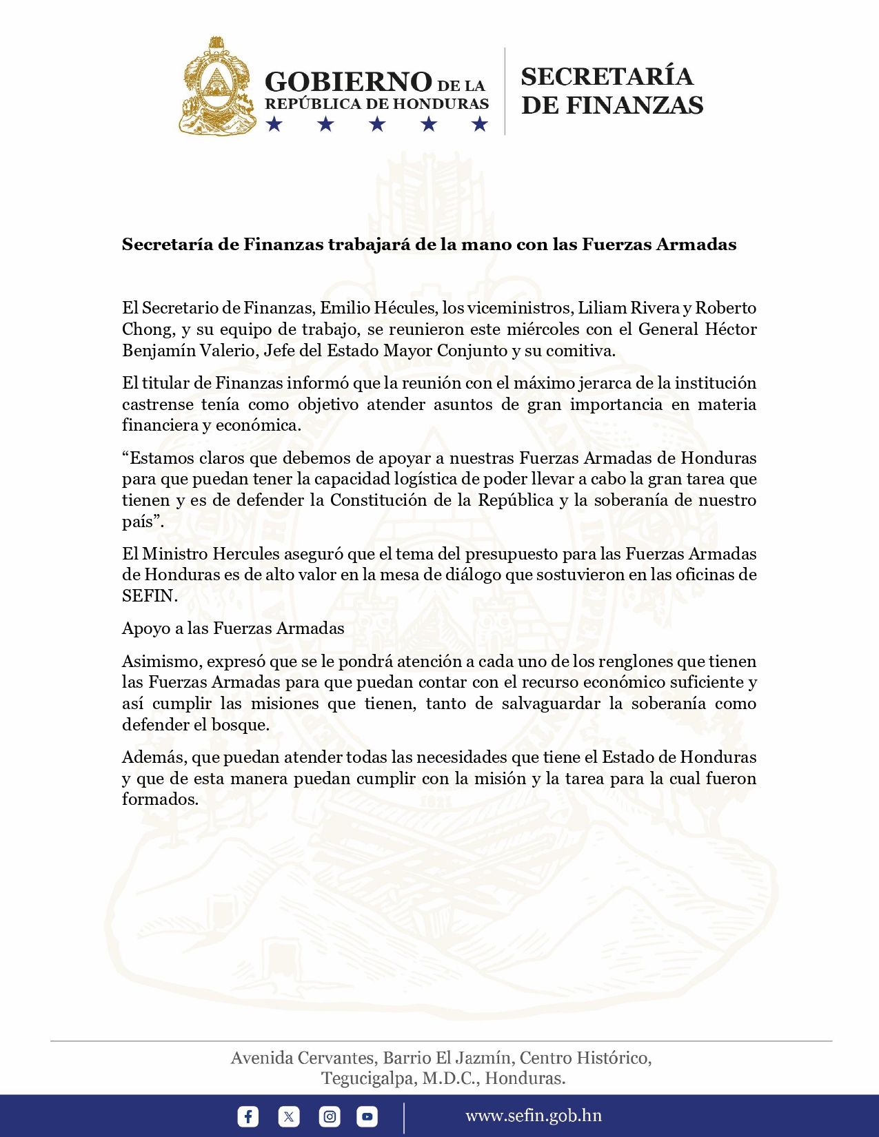 Sefin fortalecerá apoyo financiero a las Fuerzas Armadas